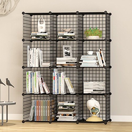 UNICOO - 14 * 14 Inch Big Cube Multi Use DIY 12 Cube Wire Grid Organizer, Bookcase, Bookshelf, Storage Cabinet, Wardrobe Closet,Toy Organizer, Wire Cube Storage- (Black Wire)
