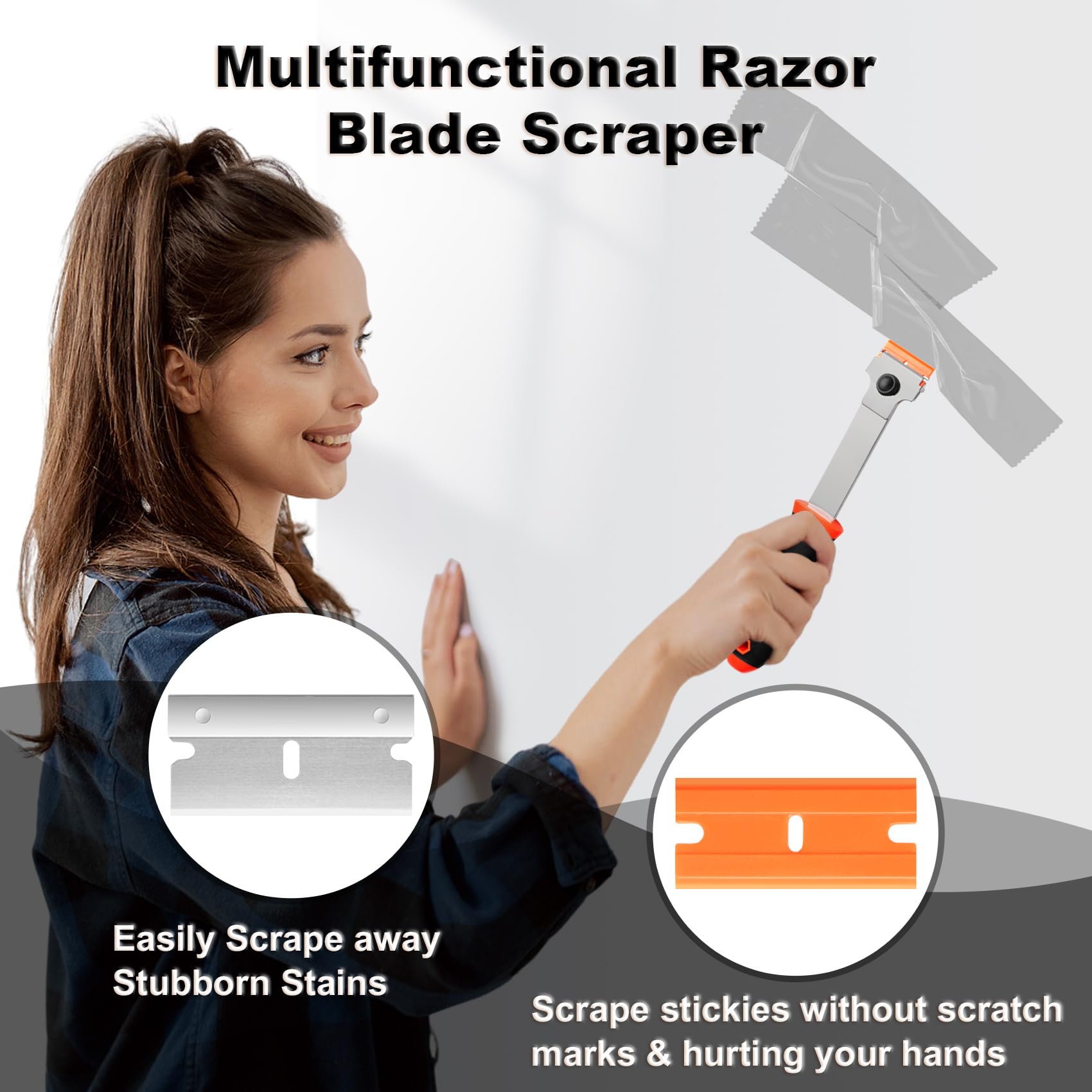 Kailund Razor Blade Scraper Tool 2 Pack, Double Edged Cleaning Razor Scraper Tool with 31 Pcs Metal & Plastic Razor Blades, Long Handle Glass Scraper for Paint|Decals|Stickers|Tint