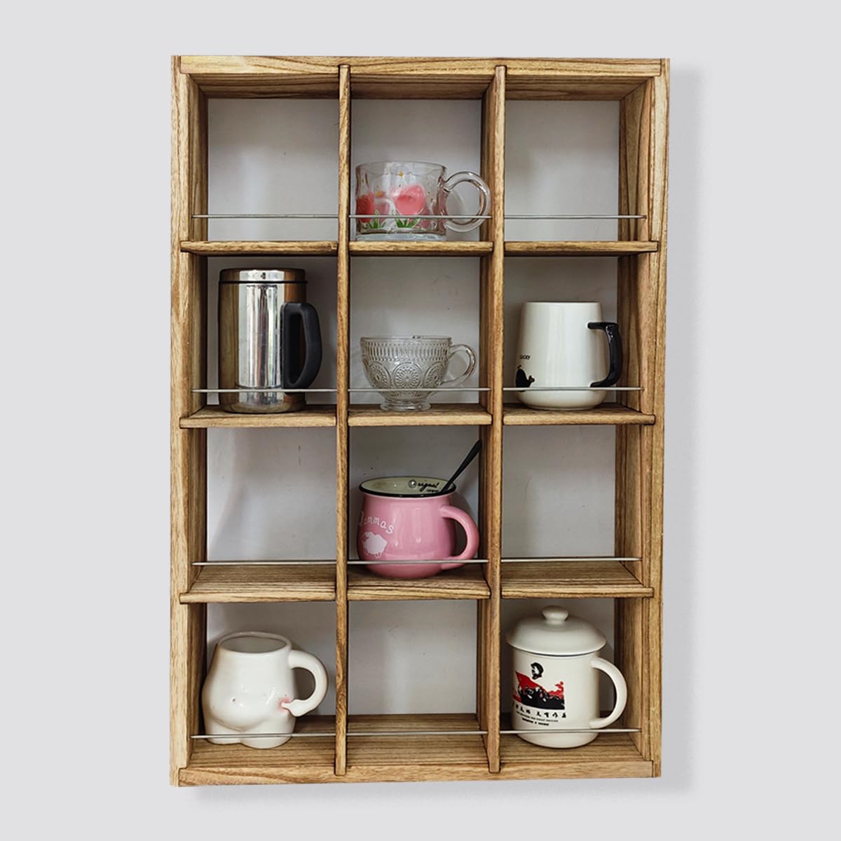 YIYUESHIJIU Wall Mounted Coffee Mug Display Rack, 17x25 Large Wooden Display Shelves Cup Holder Shadow Box Shelf Rustic Mug Rack Shot Glasses Display Case with 12 Compartment (Carbon)