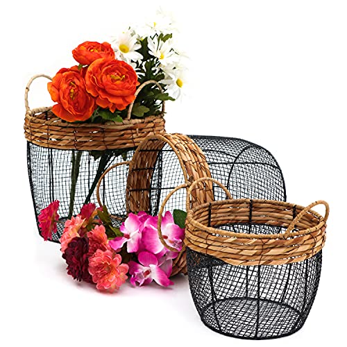 Trademark Innovations Oval Wire Tall Garden Home Décor Baskets with Wicker and Handles - Set of 3