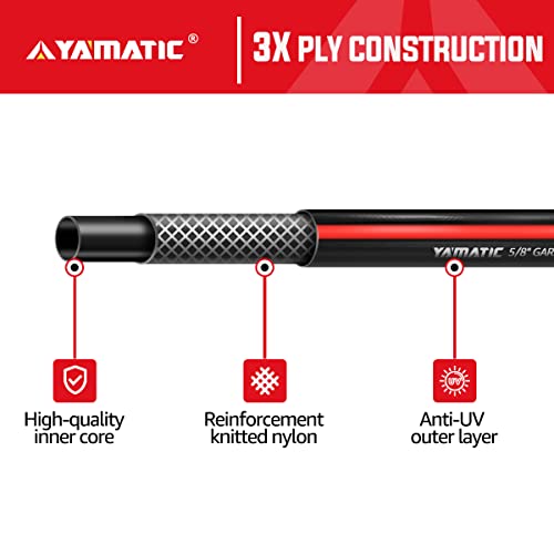YAMATIC Garden Hose 75 ft,Ultra Durable Water hose, 5/8 inch Regular Hose with Solid Brass Connector for All-weather Outdoor, Car wash, Lawn, Black