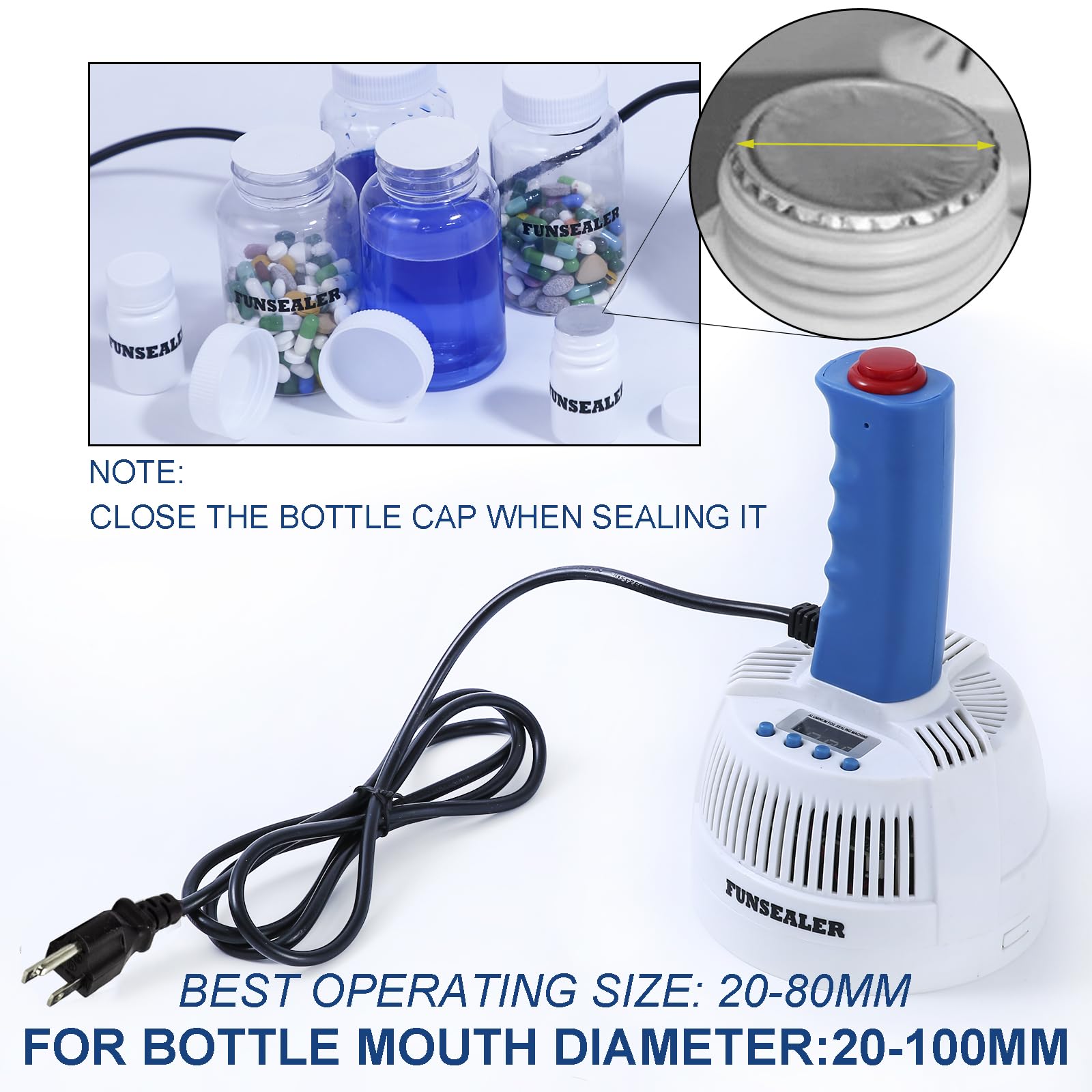 FUNSEALER Induction Heat Sealer Bottle Cap Sealing Machine For Plastic Glass Bottle Cap (110&220 Dual Voltage)