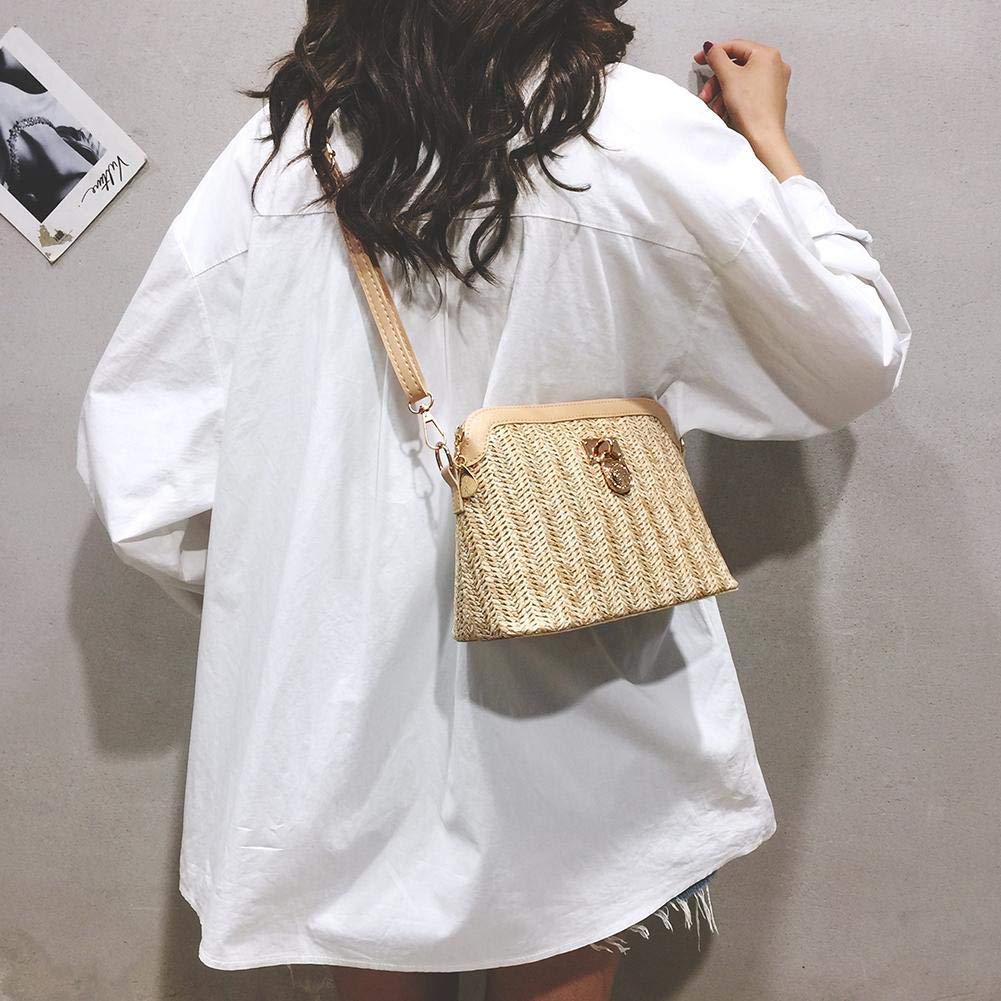 Fashion Straw Crossbody Bag Woven Boho Beach Holiday Women Shell Shoulder Bags, Light Brown, 21 x 18 x 5cm