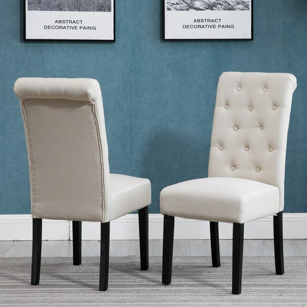 nozama Upholstered Dining Chairs Set of 2 Tufted Fabric Parsons Chair with Solid Wood Legs (Beige)