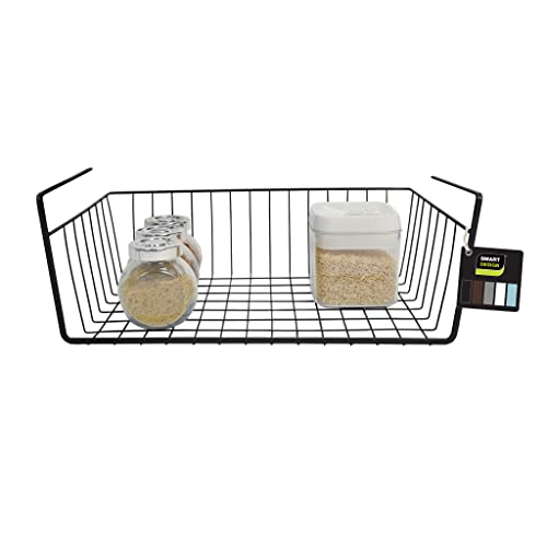 Smart Design Undershelf Storage Basket - Medium - Snug Fit Arms - Steel Metal Wire - Rust Resistant - Under Shelves, Cabinet, Pantry, and Shelf Organization - 16 x 5.5 Inch - Black