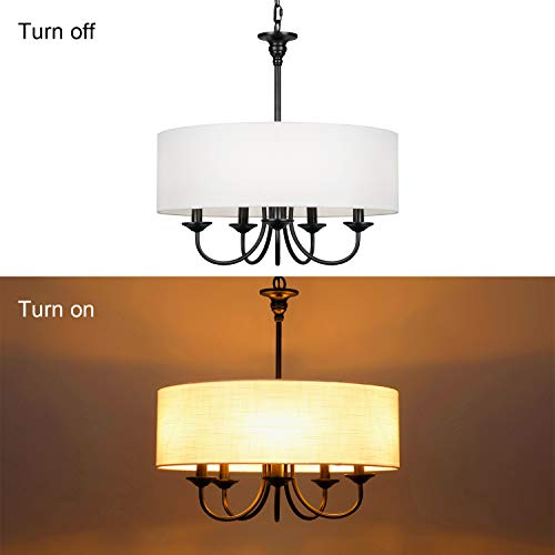 T&A Traditional 5-Light Chandelier with White Linen Drum Shade,20" Simple Chain Pendant Light Lights for Foyer Dining Room Living Room