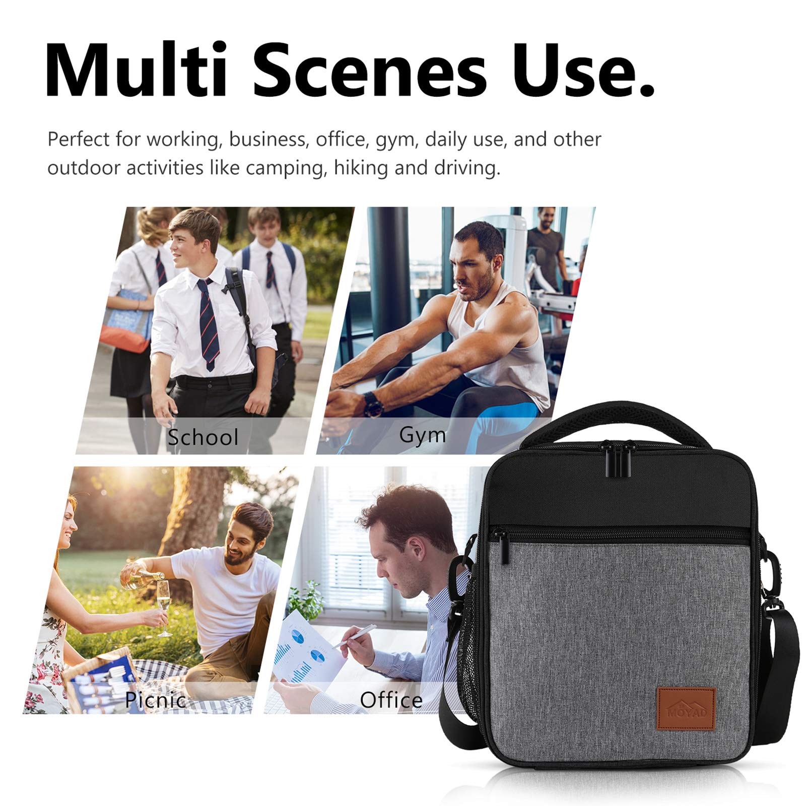 Moyad Small Lunch Box for Men Adults, Reusable & Insulated Lunch Bag with Shoulder Strap Male Business Lunchbox Slim Lunch Boxes Bags, Black