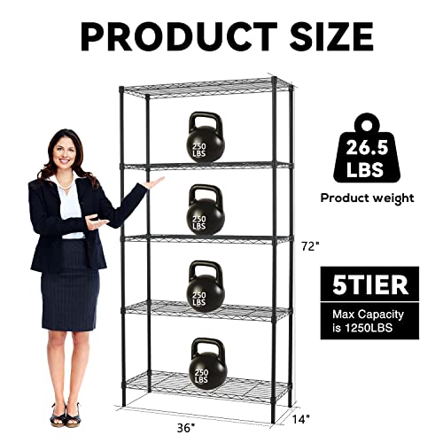 Wire Shelving Unit, 5 Shelf Metal Storage Rack NSF Certified Storage Rack 36" W x 14" D x 72" H 1250Lbs Capacity Garage Shelving Adjustable Heavy Duty Metal 5 Tier Metal Shelving Unit (Black)