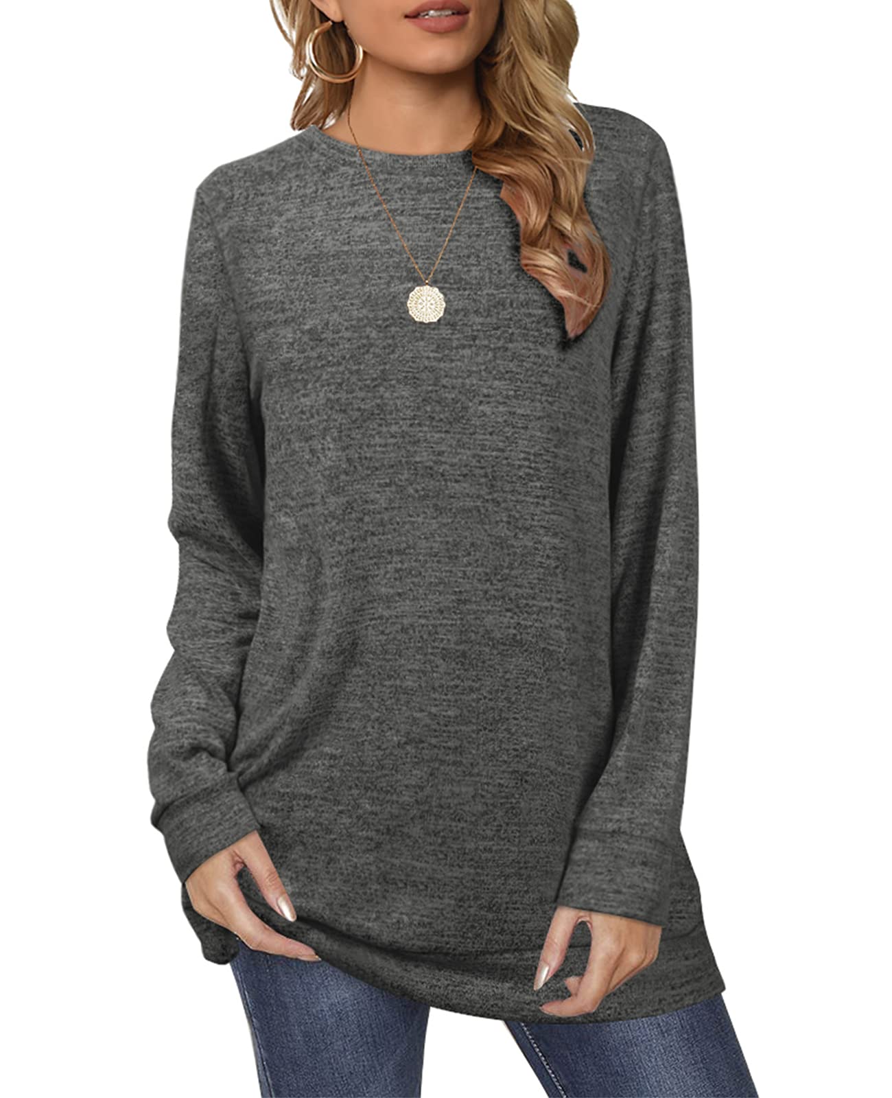 OFEEFAN Tunic Tops for Leggings for Women Crew Neck Womens Sweatshirts Casual Tops L