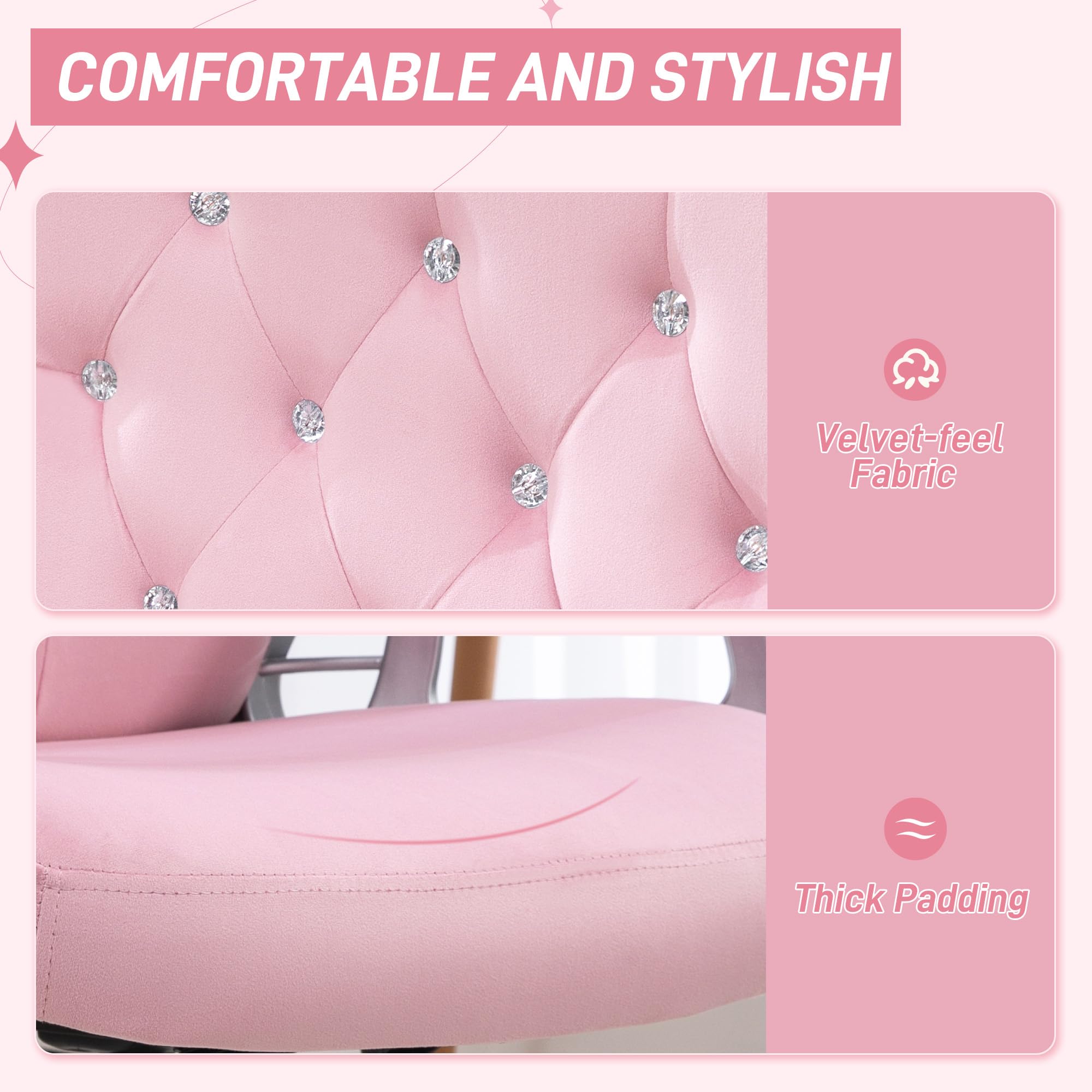 Vinsetto Home Office Chair, Velvet Computer Chair, Button Tufted Desk Chair with Swivel Wheels, Adjustable Height, and Tilt Function, Pink