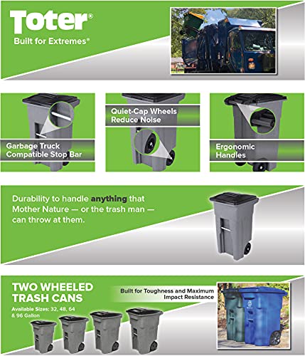 Toter 32 Gal. Blackstone Trash Can with Quiet Wheels and Attached Black Lid