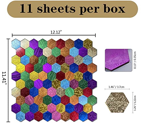 XUANINY Peel and Stick Backsplash Tiles, Rainbow Hexagon Aluminum Surface Metal Mosaic Sticker, Rainbow-Colored Wall Sticker for Living Room, RV,Bar (11.45"x11.02") (11, Hexagon Rainbow Colored)