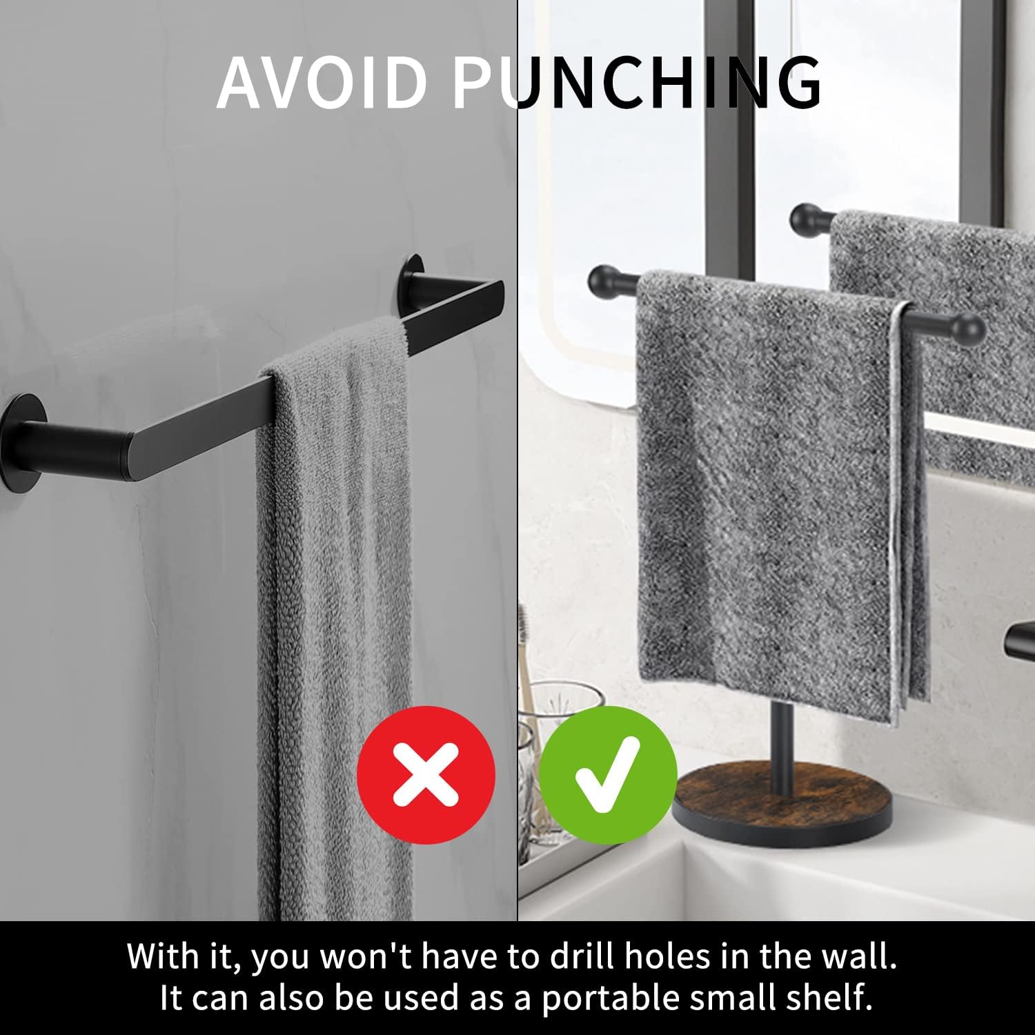 YINMIT Hand Towel Holder Stand, Matte Black T-Shape Free Standing Hand Towel Holder for Bathroom with Heavy Base, Height 15β Wood Countertop Towel Holder for Bathroom Kitchen Countertop Vanity