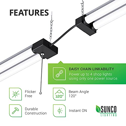 Sunco LED Workshop Black Garage Shop Light 4FT, Plug in Linkable Utility Light Fixtures, 260W=40W, 5000K Daylight, Frosted Lens, Pull Chain, Hanging/Mounted, 4100 LM - ETL Energy Star 2 Pack