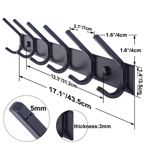 WEBI Coat Rack Wall Mounted,17-1/8 Inch Coat Hooks for Hanging Coats,Heavy Duty Metal Hook Rack Rail with 6 Double Dual Hooks Coat Hanger Wall Mount for Purse Clothes Jacket Backpack Entryway,Black
