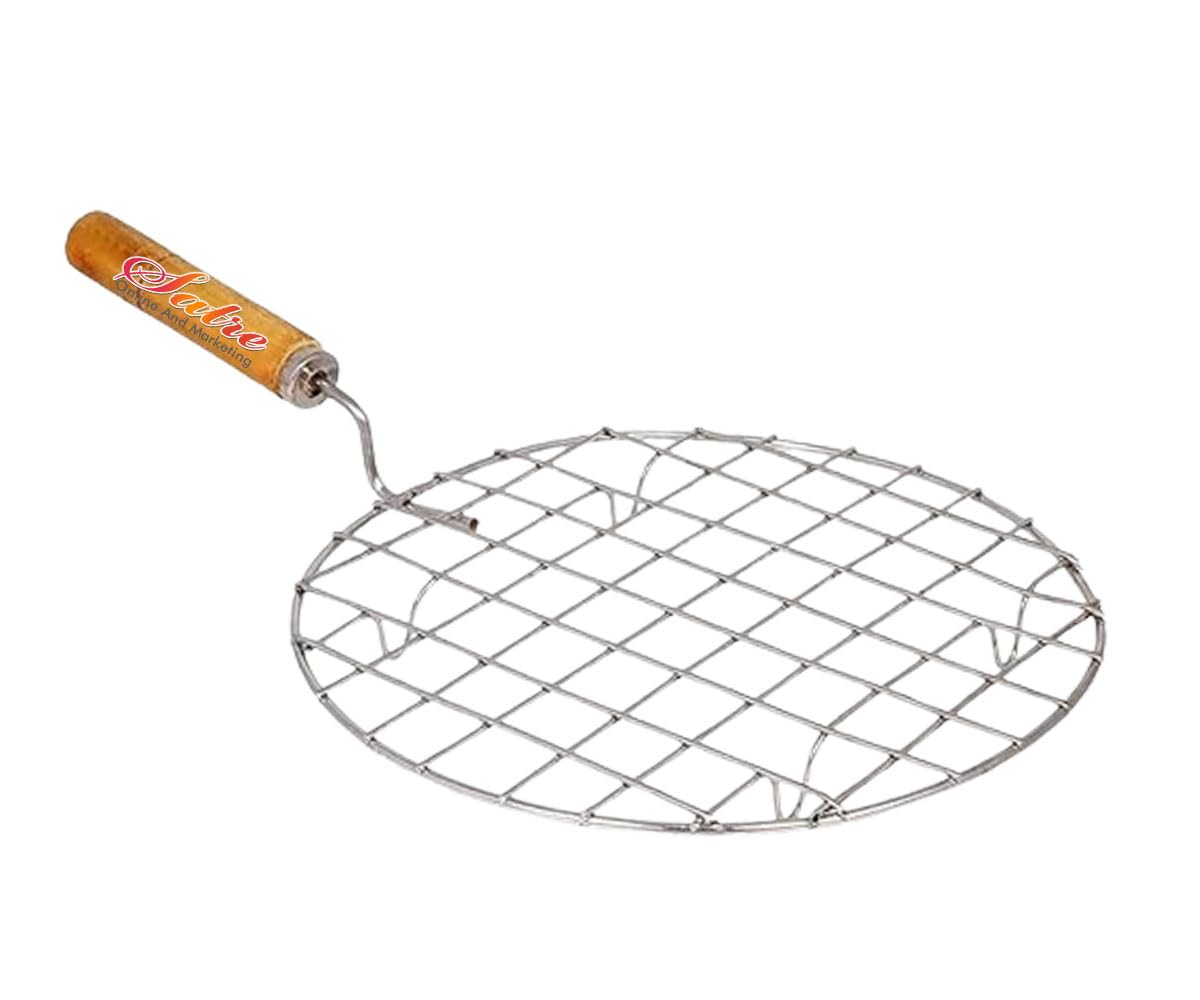 Stainless Steel Round Roasting Net with Wooden Handel, Roasting Jali, Wire Roaster, Papad Jali - 1 Pcs