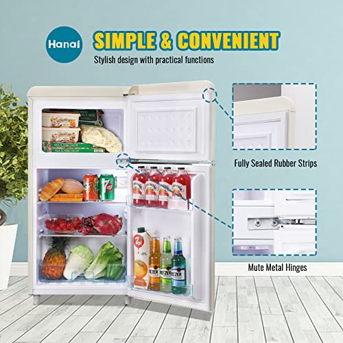 WANAI 3.5 Cu.ft Retro Mini Fridge with Freezer Small Refrigerators Dual Doors & Handles Cream Freestanding Classic Refrigerator Removable Glass Shelves Adjustable Thermostat for Home Office Dorm RV