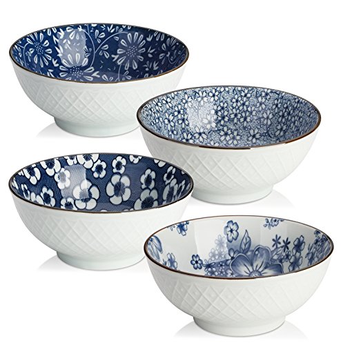 Y YHY Ceramic Bowls, 16 oz Japanese Rice Bowl, Porcelain Cereal Bowls for Kitchen - Nice Choice of Thanksgiving & Christmas Gifts, Blue Bowl Set of 4, Microwave and Dishwasher Safe