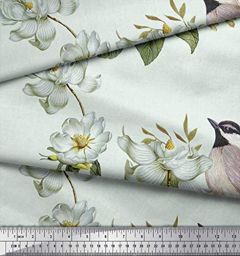 Soimoi Green Cotton Canvas Fabric Leaves,White Floral & Bird Print Fabric by The Yard 56 Inch Wide