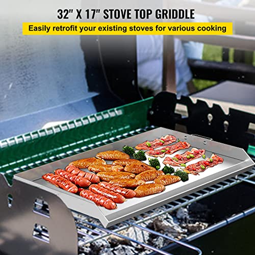VEVOR Stainless Steel Griddle,32" X 17" Universal Flat Top Rectangular Plate, BBQ Charcoal/Gas Grill with 2 Handles and Grease Groove with Hole,Grills for Camping, Tailgating and Parties