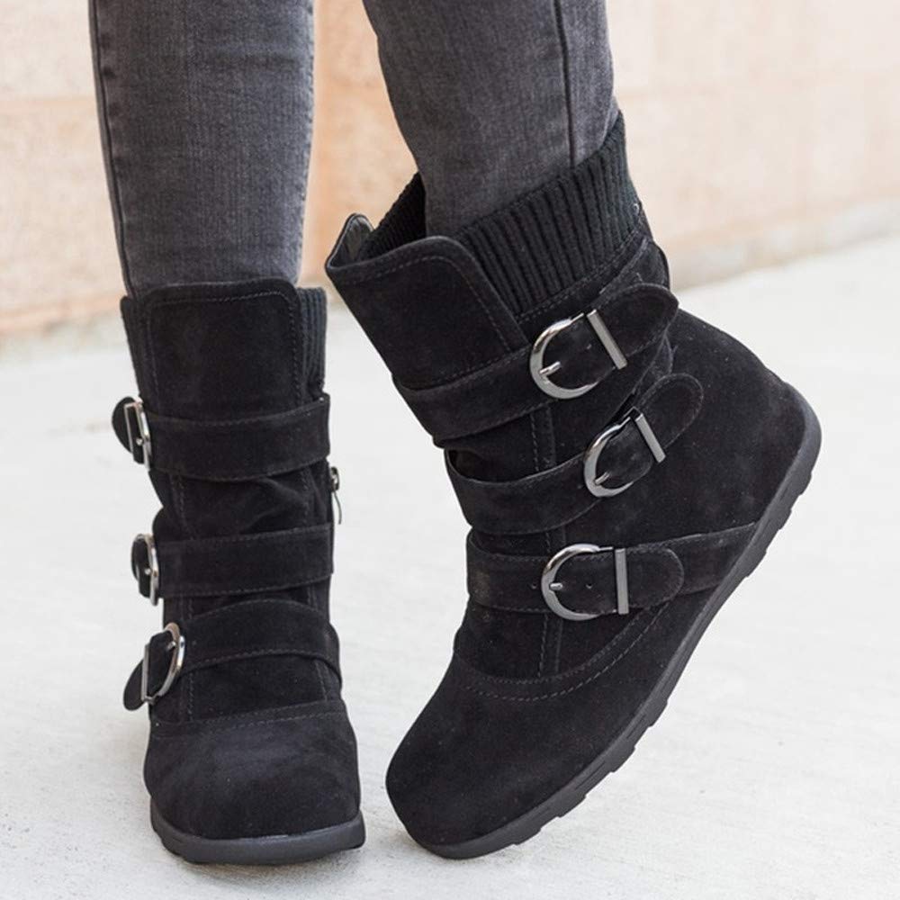 NOLDARES Boots for Women Winter Round-Toe Buckle Strap Zipper Boots Flats Low-Heeled Western Combat Mid Calf Boots Black, 9