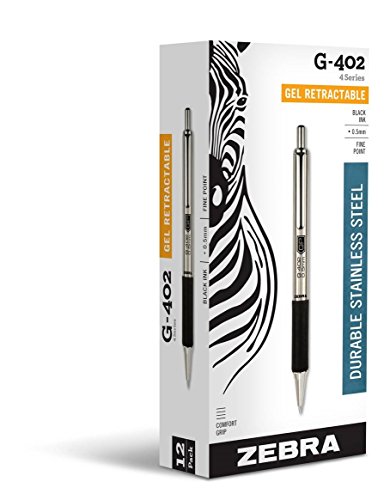 Zebra Pen G-402 Retractable Gel Pen, Stainless Steel Barrel, Fine Point, 0.5mm, Black Ink, 12-Pack