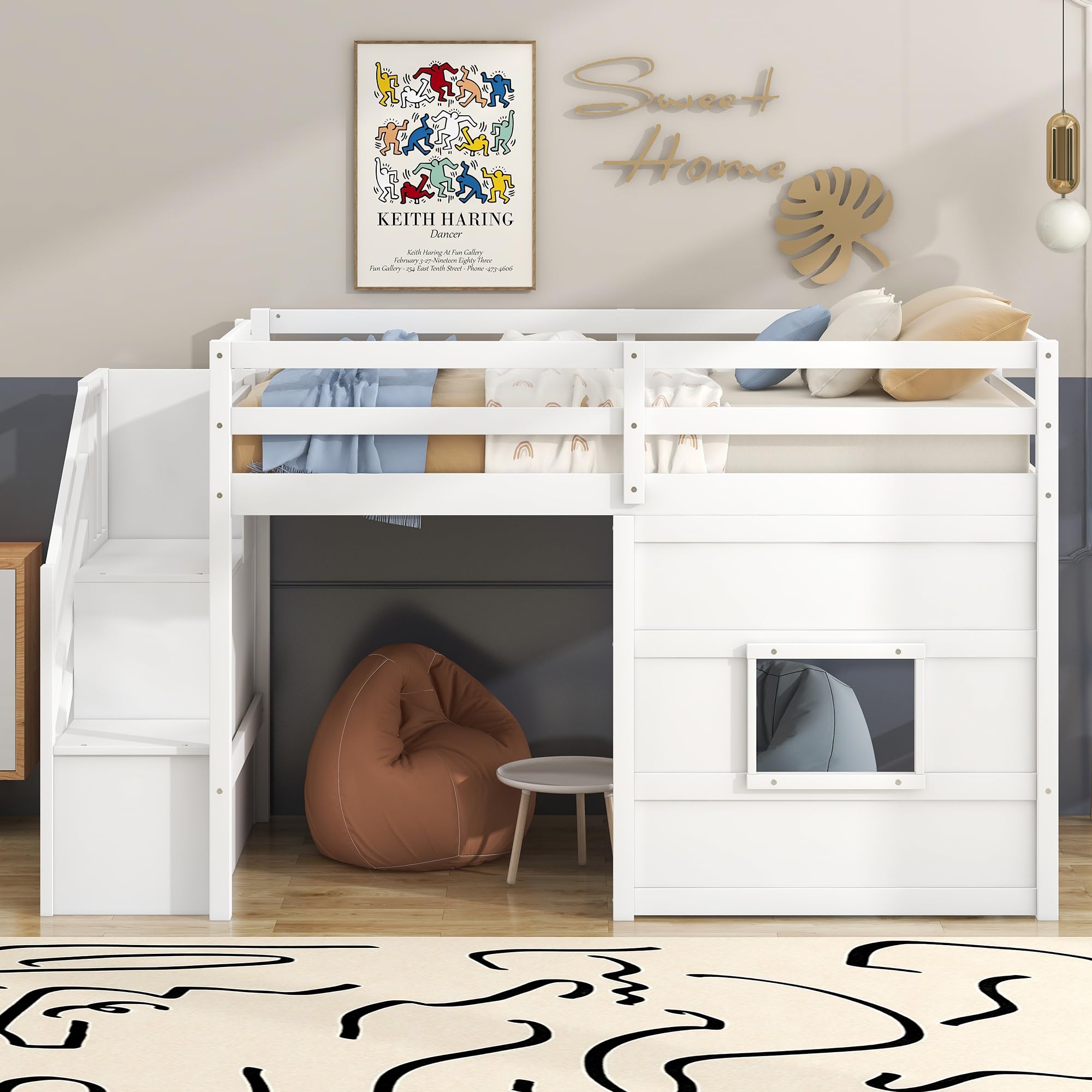 SOFTSEA Twin Size Low Loft Bed with Stairs, Solid Wood Loft Bed with Storage Steps, Twin Loft Bed with Staircase and Window, Low Loft Bed Twin with Steps for Kids Juniors, White