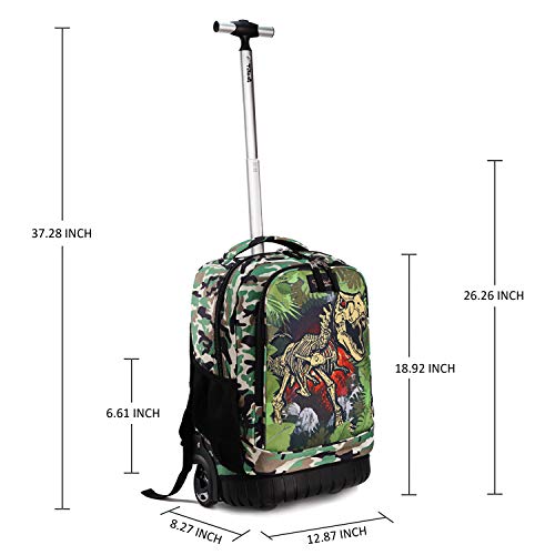 Tilami Rolling Backpack with Trolley Wheeled Design, Cute Cartoon Printed or Boys and Girls, Travel, School, Student Trip (19 Inch, Dinosaur)