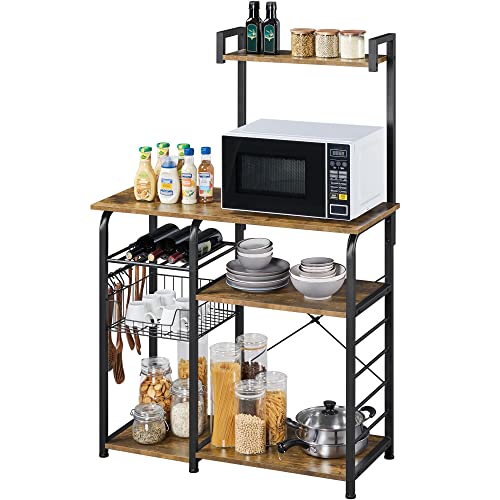 Yaheetech Industrial Kitchen Bakerâs Rack Utility Microwave Oven Stand with Wire Basket & 10 S Hooks, Coffee Bar Spices Utensils Storage Shelf, Easy Assembly, Rustic Brown