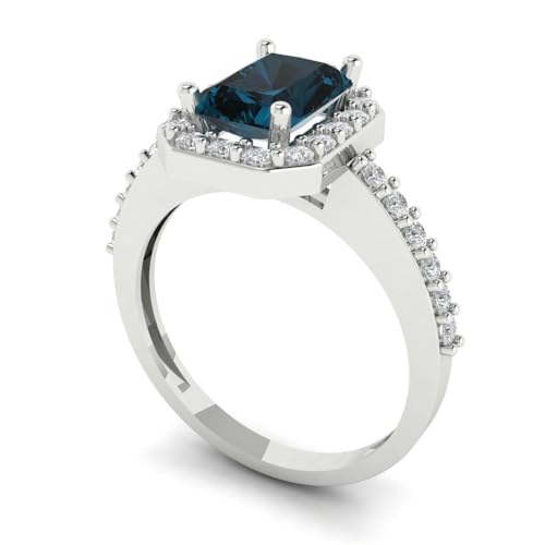Clara Pucci 2.07 ct Emerald Cut Solitaire Halo Natural London Blue Topaz Engagement Promise Anniversary Bridal Ring 18K White Gold 3.5