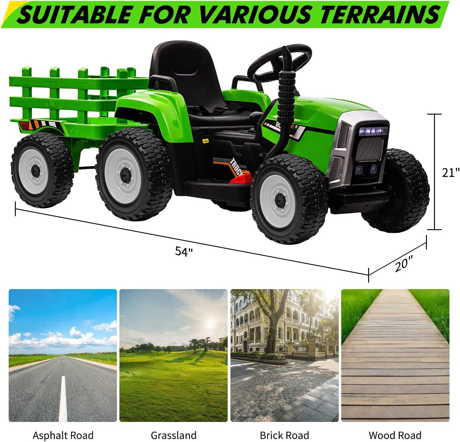 Nasitip 12V Battery Powered Electric Tractor with Trailer, Toddler Ride On Car w/Remote Control/7-LED Headlights/2+1 Gear Shift/MP3 Player/USB Port for Kids 3-6 Years (Green, 25W/Tread Tire)