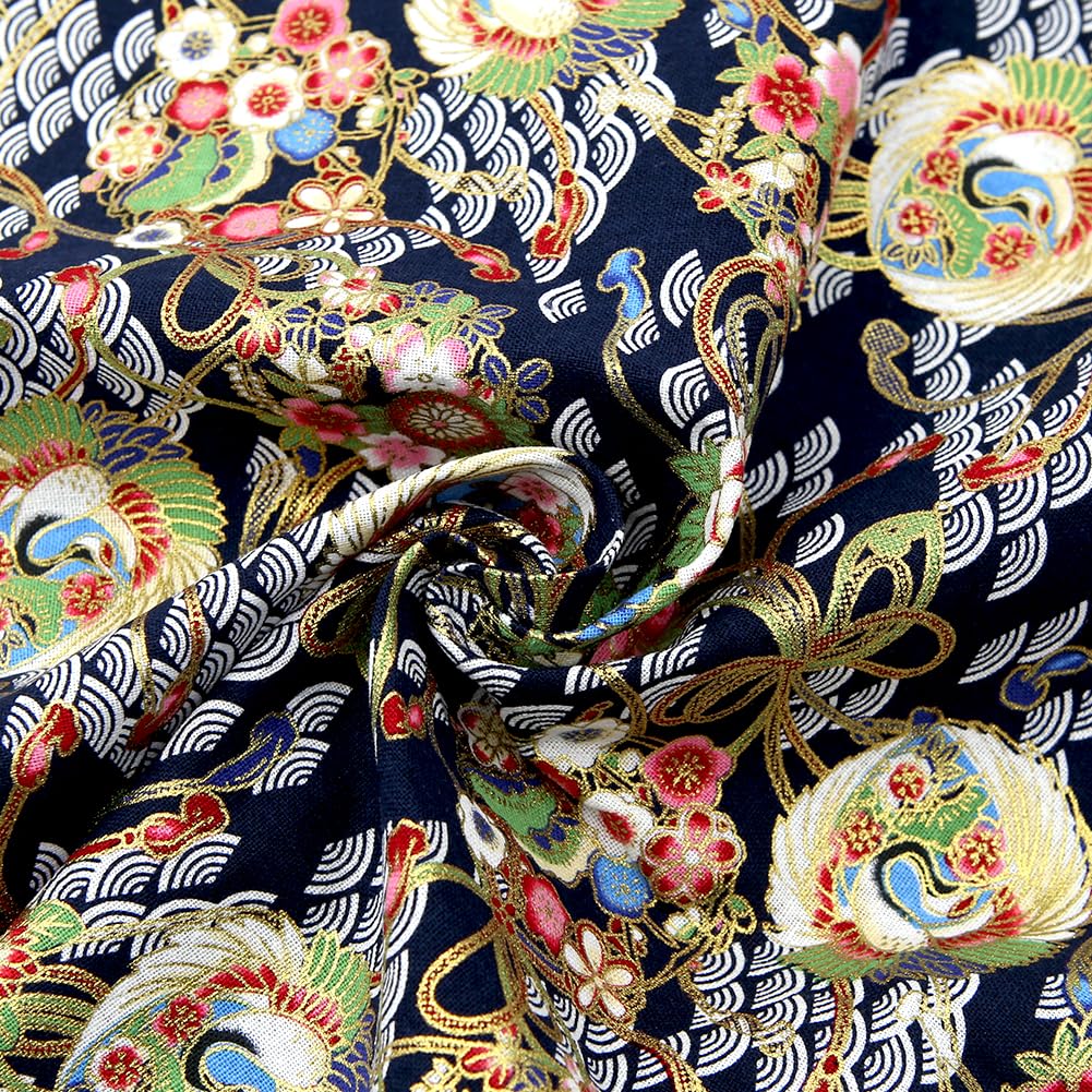 Japanese Fabric,Asian Fabric Squares 6 PCS,6 Different Black Japanese Wrapping Cloth Fish Floral Red Crowned Crane Patterned Fabric Bundles 19.6 x 15.8 Inch for Sewing Furoshiki Wrapping Artcraft DIY