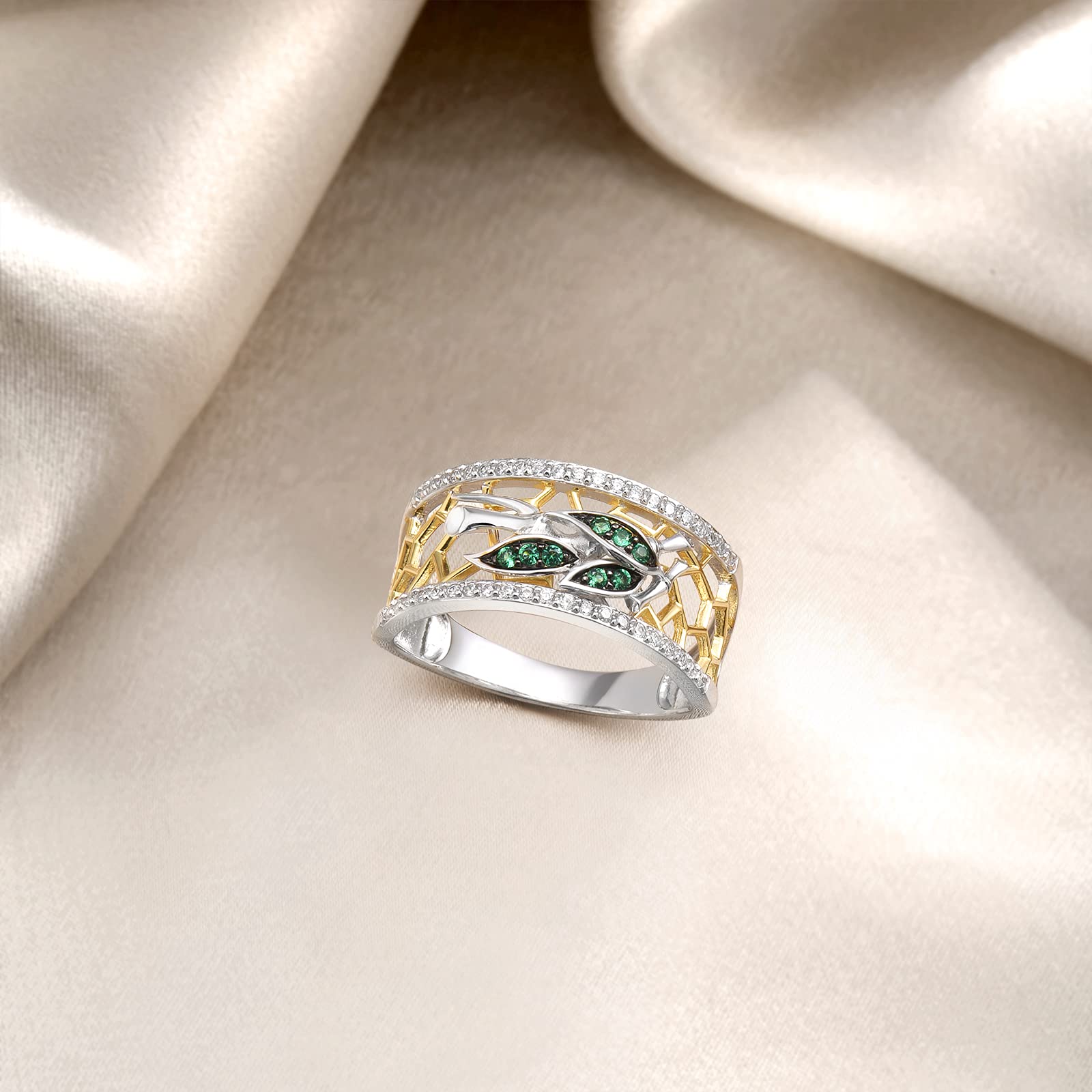 Santuzza Bamboo Leaves Gemstone Ring 925 Sterling Silver Green Spinel Cubic Zirconia Openwork Ring for Women (8)