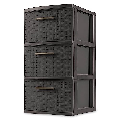 Sterilite 3 Drawer Wicker Weave Decorative Storage Organization Container Cabinet Tower with Driftwood Handles, Espresso (8 Pack)
