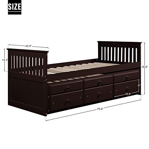 Twin Captainās Bed Storage daybed with Trundle and Drawers for Kids Guests (Espresso)