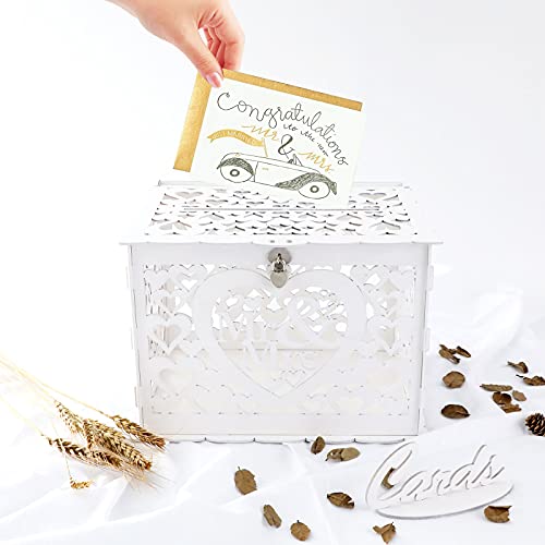 Ywlake Wedding Money Box Holder with Sign, Large Rustic Wood Wooden DIY Envelope Gift Post Card Boxes with Lock Slot for Reception Anniversary Graduation Birthday Party Parties (Mr & Mrs, White)