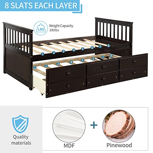 Twin Captainās Bed Storage daybed with Trundle and Drawers for Kids Guests (Espresso)