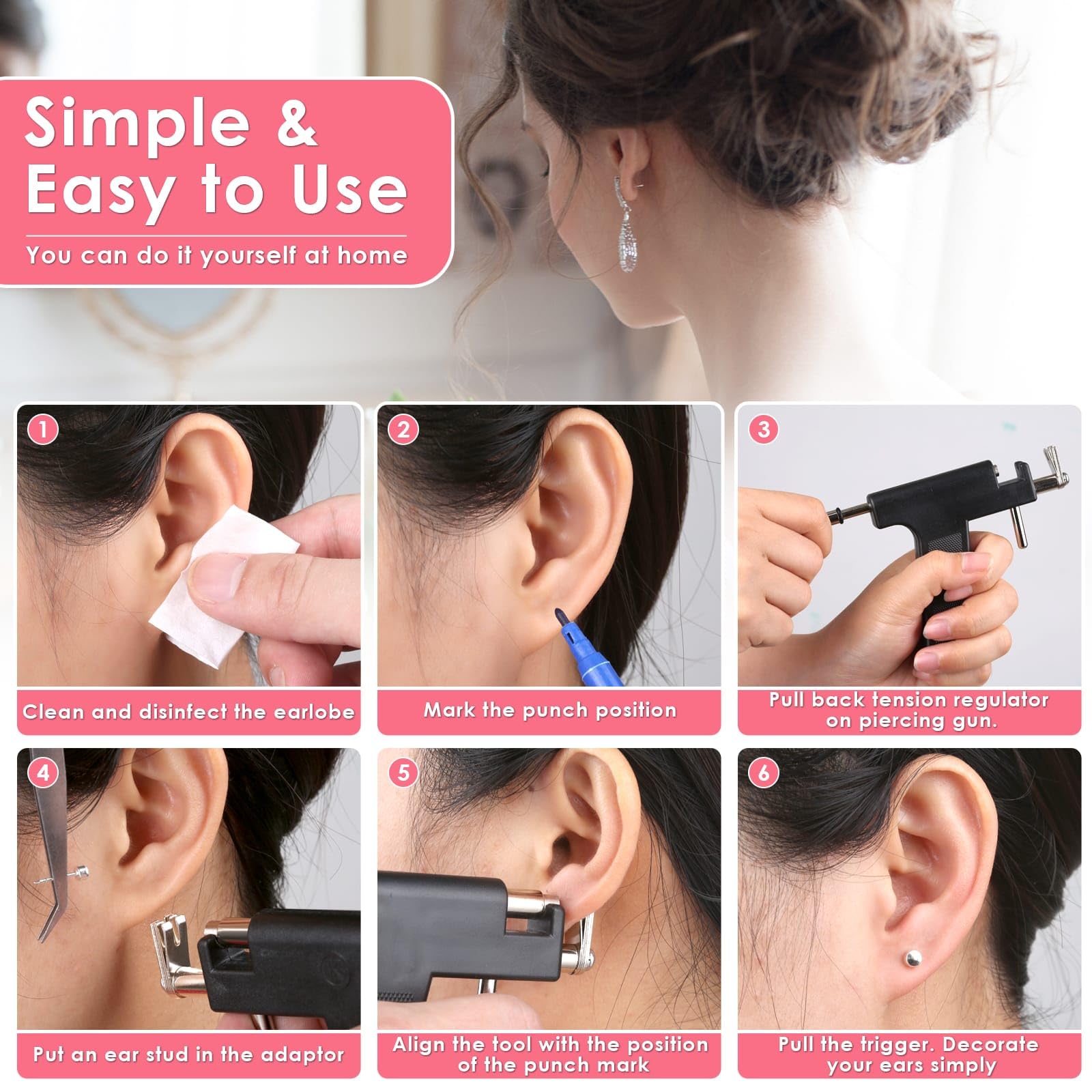 Ear Piercing Gun Kit, 233PCS Self Piercing Earrings Set, Nose Navel Lip Ears Piercer Body Piercing Tools, Earring Piercer with Hypoallergenicear Piercing Needle Kit for Salon & Home