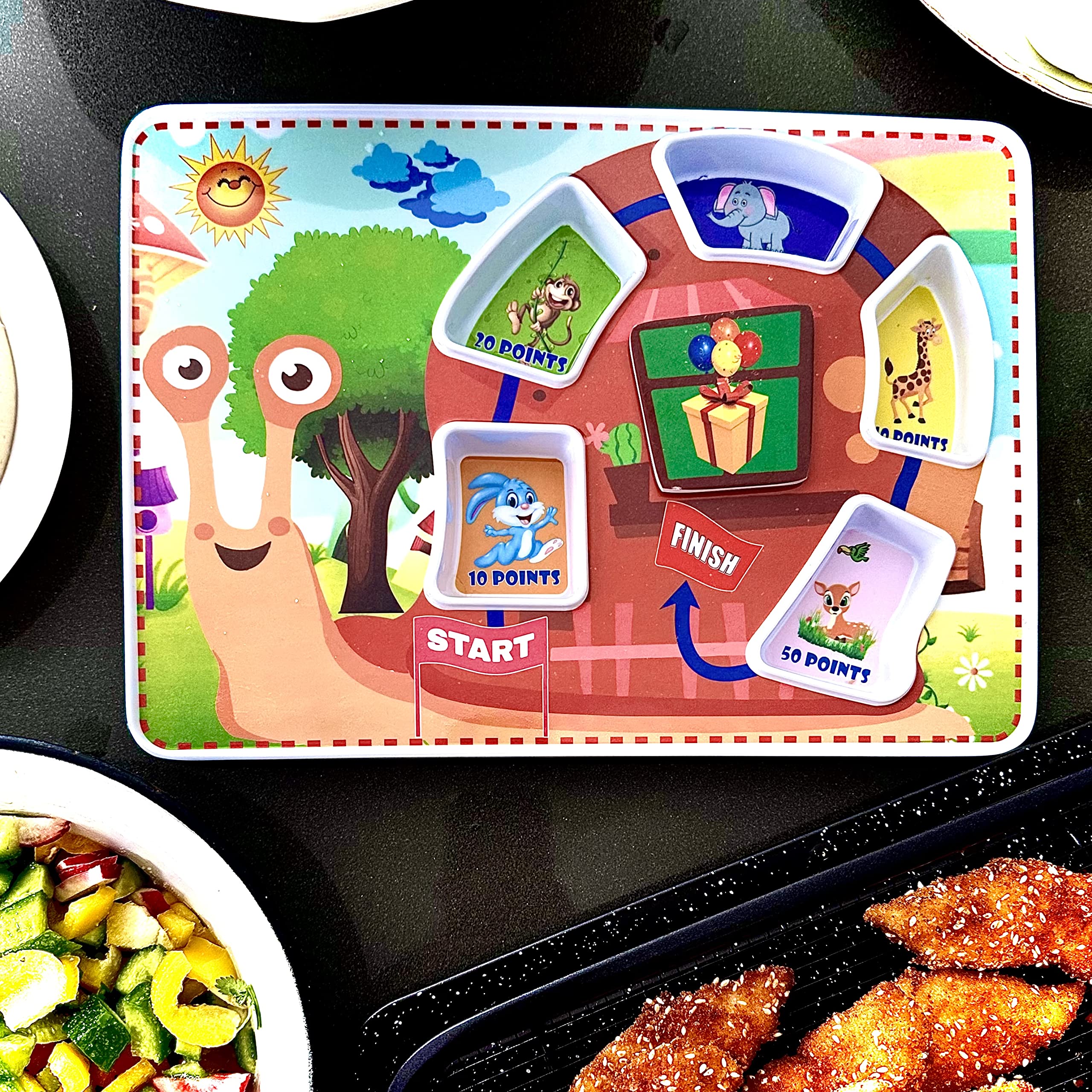 K'ONIJO Kids Divided Plate. Fun Game Tray With 5 Food Portions & 1 Extra for Surprise. Compatible With Picky Eater Toddler. Eat, Play, Win (Joy)