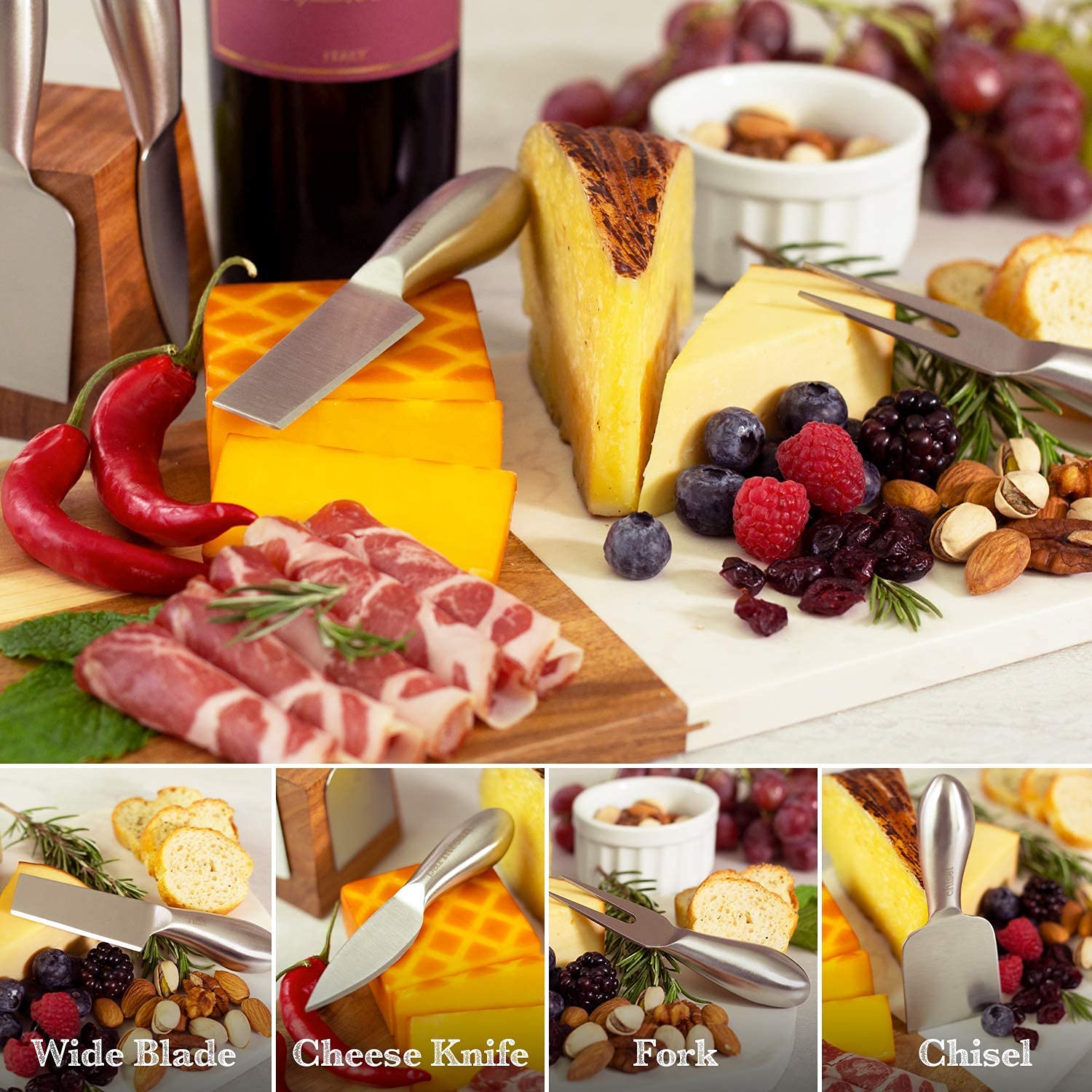 Zelancio Marble and Acacia Wooden Serving Cheese Board, 6 Piece Set Includes Stainless Steel Cheese Tools, Serving Paddle, Wood Cheese Knife Holder with Integrated Magnets