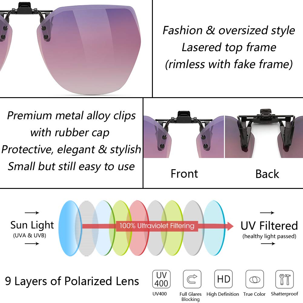 CAXMAN Polarized Clip On Sunglasses for Women Over Prescription Glasses 100% UV Protection Flip Up Transition Purple Mirrored Lenses