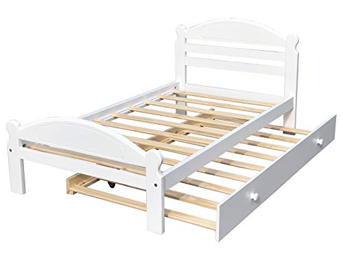 Twin Trundle Bed White Finish Solid Pine Wooden Arizona Trundle Bed 39 x 75 in Wooden Slats Support Unfinished Bedroom Single Wooden Bed Frame Hand Finished