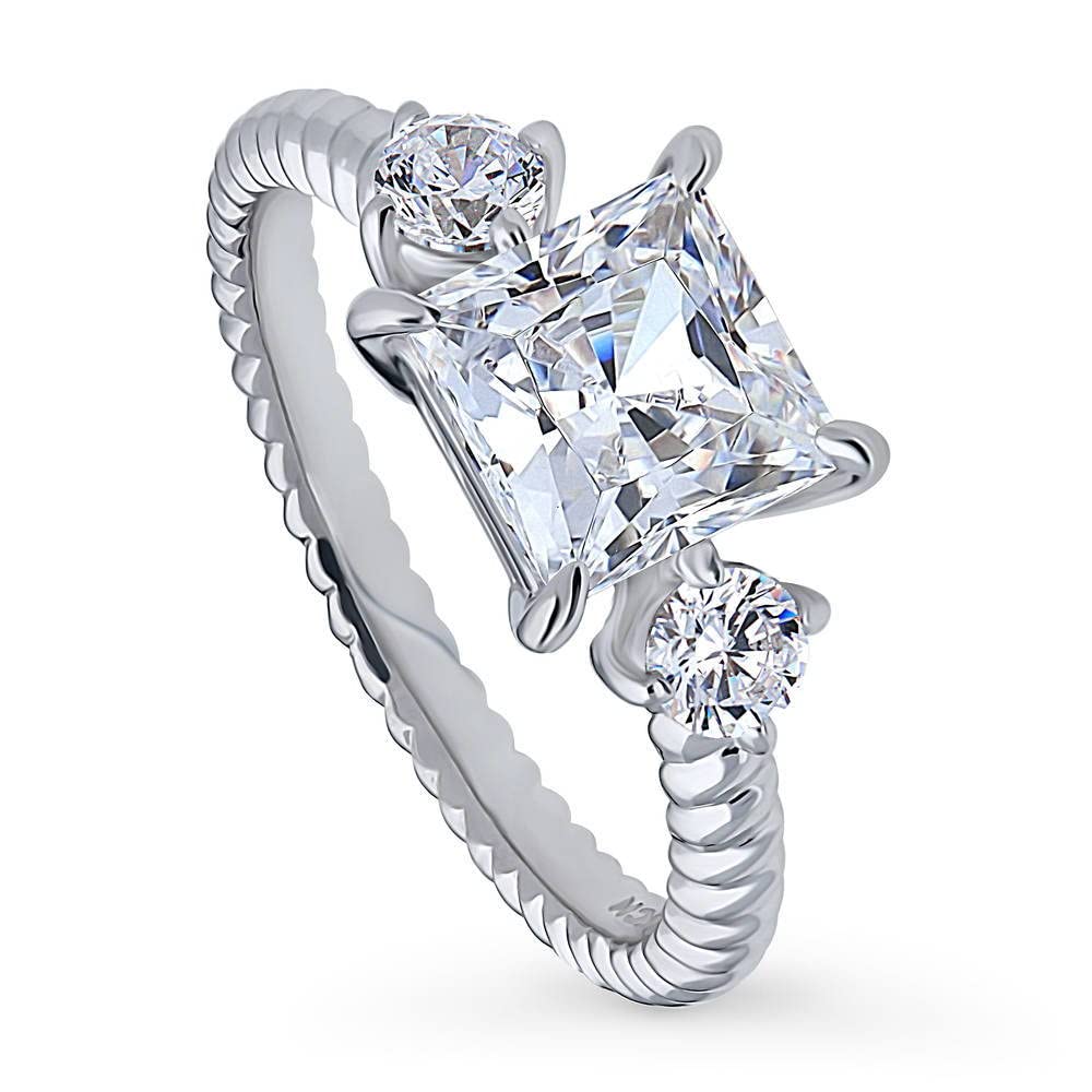 BERRICLE Sterling Silver 3-Stone Wedding Engagement Rings Princess Cut Cubic Zirconia CZ Woven Ring for Women, Rhodium Plated Size 5