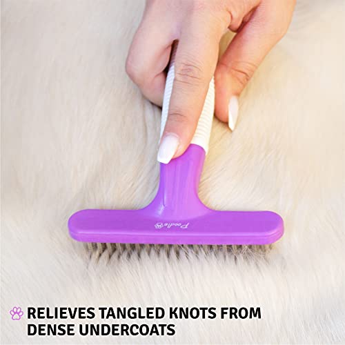 Poodle Pet Dog Grooming Rake| Dematting Tool with Stainless Steel Shedding Comb for Pets | 2 Rows of Pins Gently Remove Loose or Tangled Hair from Undercoat | Purple Handle
