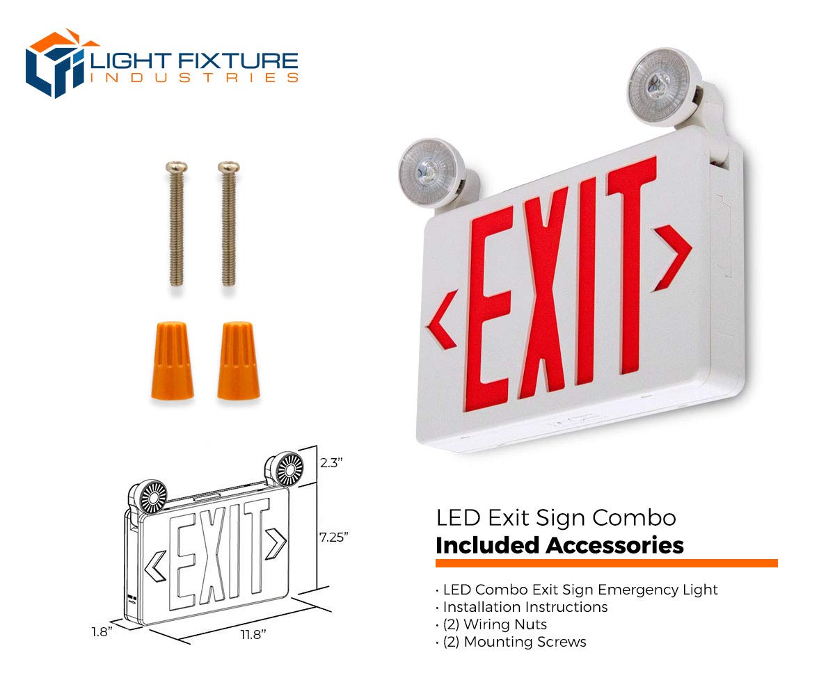 LFI Lights | Compact Combo Red Exit Sign with Emergency Lights | White Housing | All LED | Two Adjustable Round Heads | Hardwired with Battery Backup | UL Listed | (2 Pack) | COMBOC-R