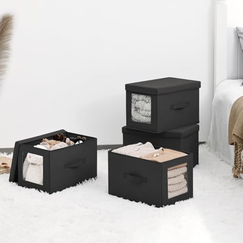 DIMJ Closet Storage Bins With Lids, Fabric Storage Boxes With Lids, Foldable Storage Cubes With Window, Decorative Fabric Storage Bins for Clothes Towel Books,4 Pack Black