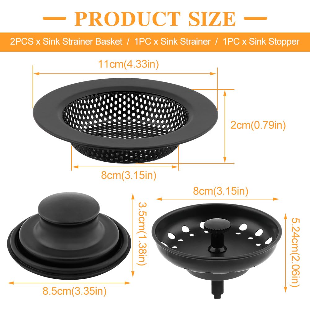 Kitchen Sink Stopper Strainer Set, 2 Stainless Steel Mesh Sink Drain Basket +1 Sink Drain Strainer +1 Sink Stopper for Kitchen Bathroom Sinks Bathtubs Replacement Sink Accessories(Black)