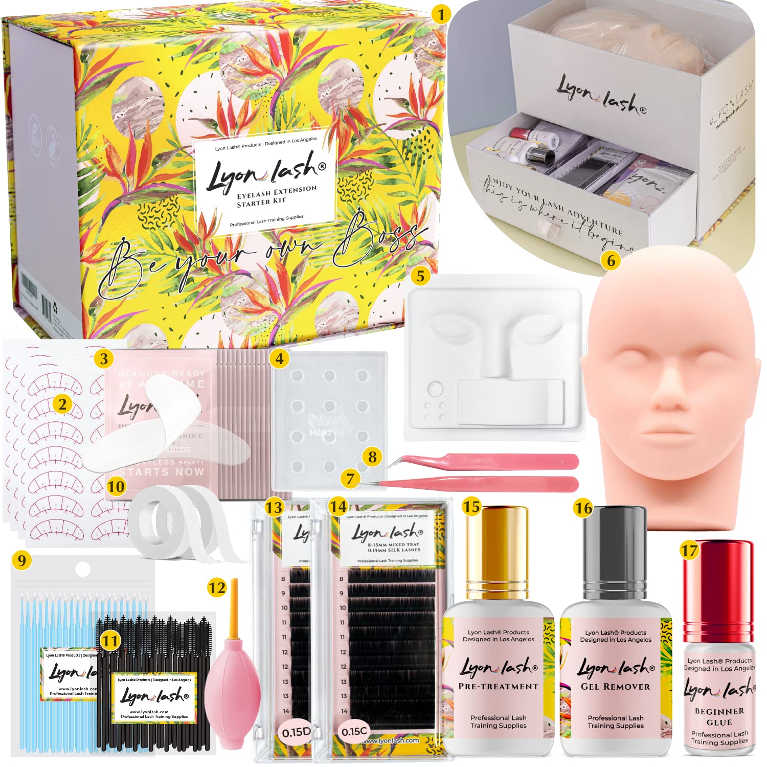 Lyon Lash Eyelash Extension Kit - Professional Individual & Beginner Supplies with Mannequin, Glue, Remover, Pretreatment - Perfect Lashes & Lash Practice Kit