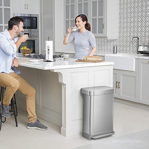 simplehuman Kitchen Trash Can with Lid, Touchless Waste Bin, Large 45 Liter, Rectangular, White Stainless Steel
