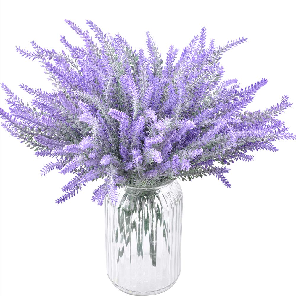 XONOR 12 Bouquets Artificial Flocking Lavender Flowers Fake Lavender Plant for Wedding Home Decor Office Table Garden Patio Decoration (Purple)